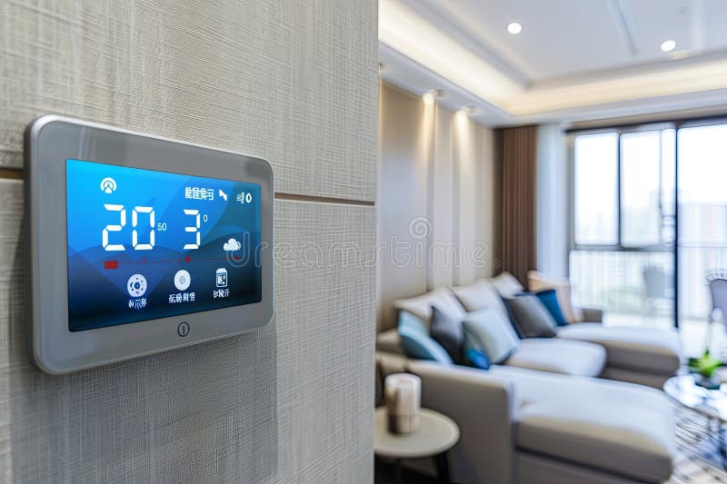 A Sleek, Modern Smart Thermostat is Mounted on a Wall in a Living Room ...