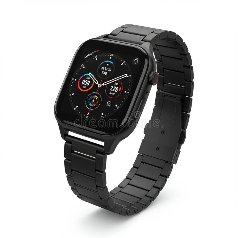 A Sleek, Modern Smartwatch Featuring a Black Metallic Band and a ...