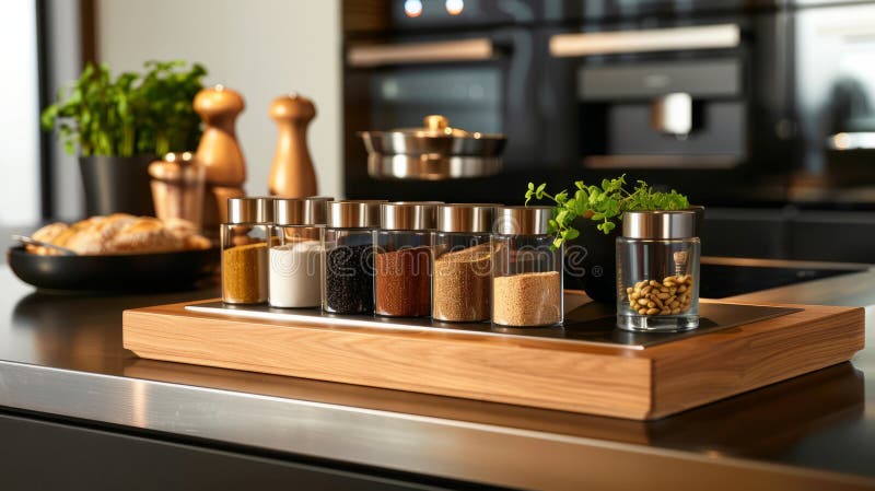 Sleek Modern Spice Rack Set in Contemporary Kitchen Stock Illustration ...