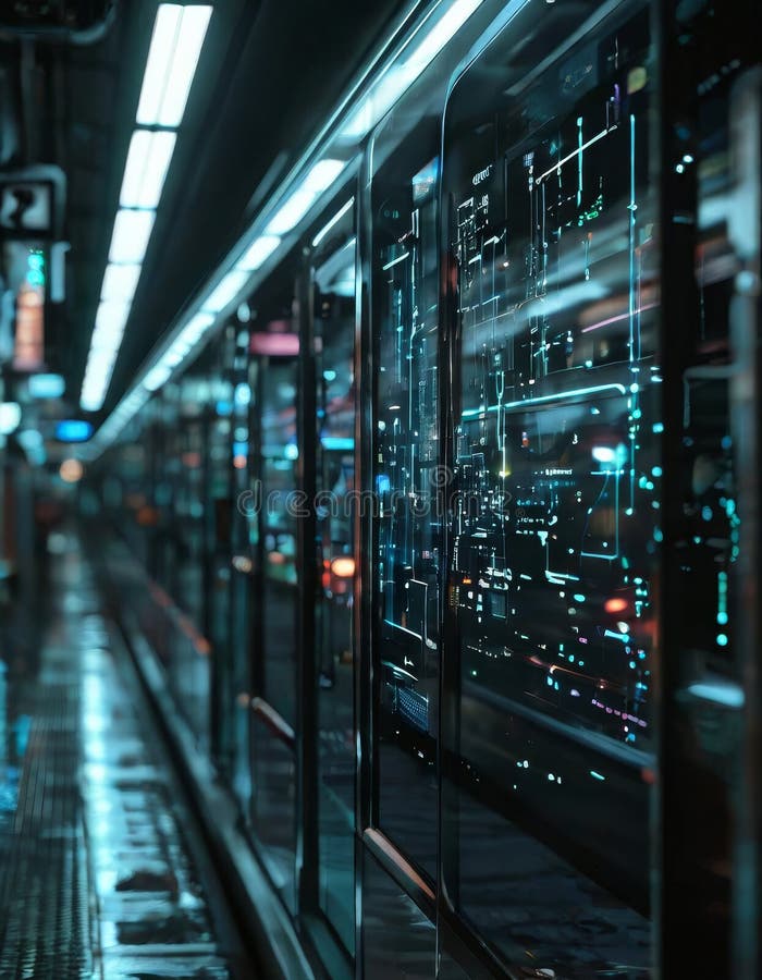 Futuristic Subway Station with Digital Screens and Reflective Surfaces ...