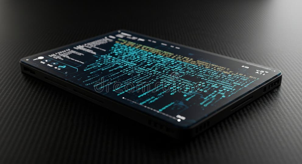 A Sleek, Modern Tablet Displays Lines of Bright Blue and Yellow Code on ...