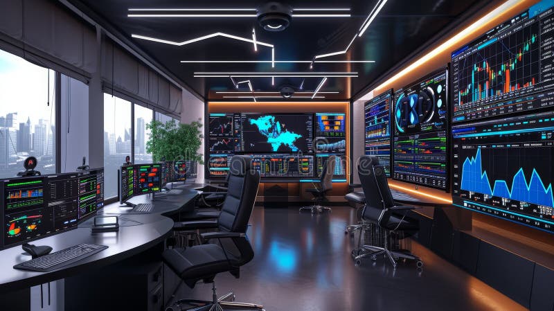 Sleek Modern Trading Office with Panoramic City View Stock Image ...