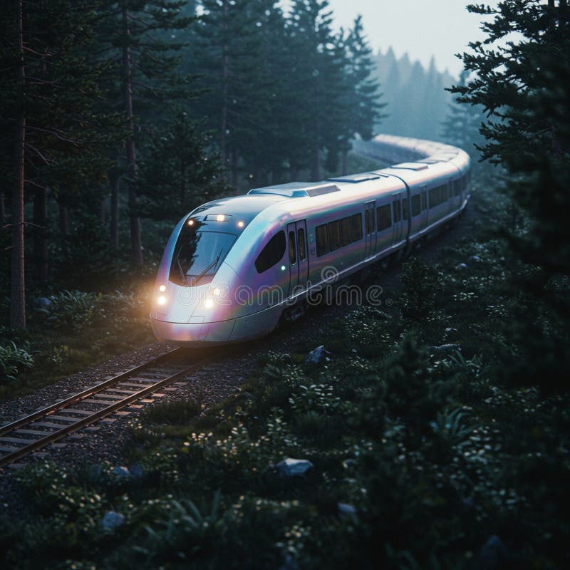 A Sleek, Modern Train Navigates through a Dense Pine Forest, Possibly ...