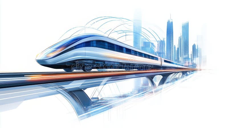 A Sleek, Modern Train with Glowing Blue Lights Speeding through a City ...