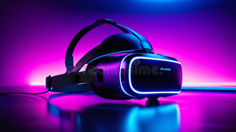 High-Tech VR Headset with Blue Reflections in Neon Pink Lighting Stock ...