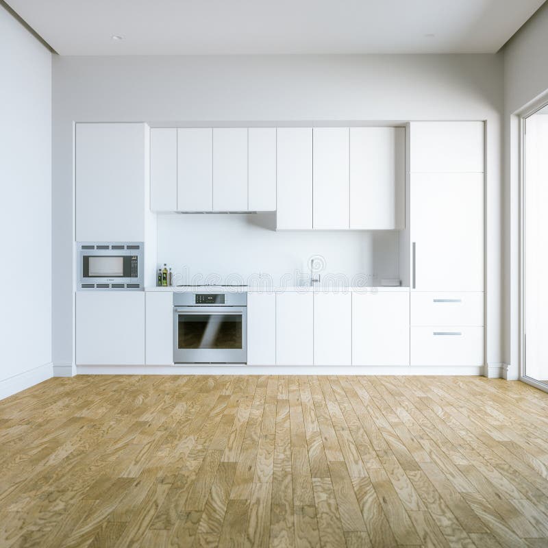 Sleek Modern White Kitchen Design 3d Render Stock Illustration ...