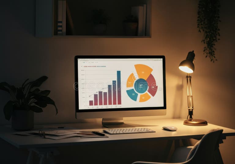Modern Workspace with a Computer Displaying Colorful Data Visualizations Stock Image - Image of ...