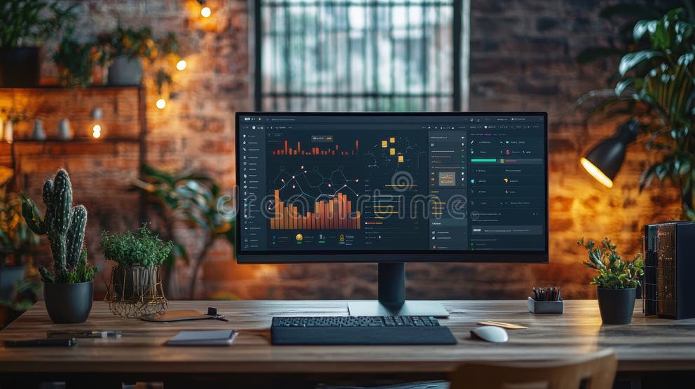 Modern Workspace with Data Analytics Dashboard on Desktop Computer Stock Illustration ...