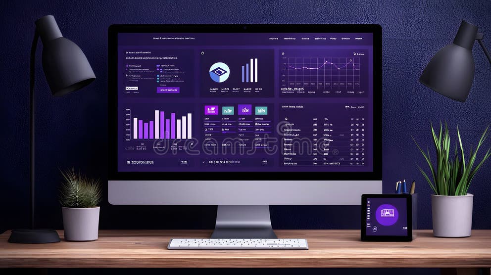 Modern Workplace Setup with Desktop Computer Displaying Data Analytics Charts and Graphs AI ...