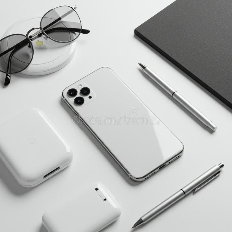 Sleek, Modern Workspace Items on a White Surface Include a Smartphone ...