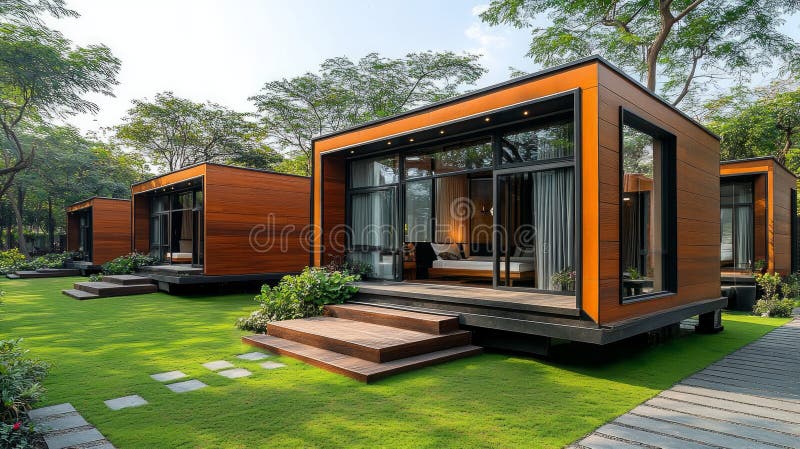 Sleek Modular Tiny Home Community with Identical Houses Surrounded by ...