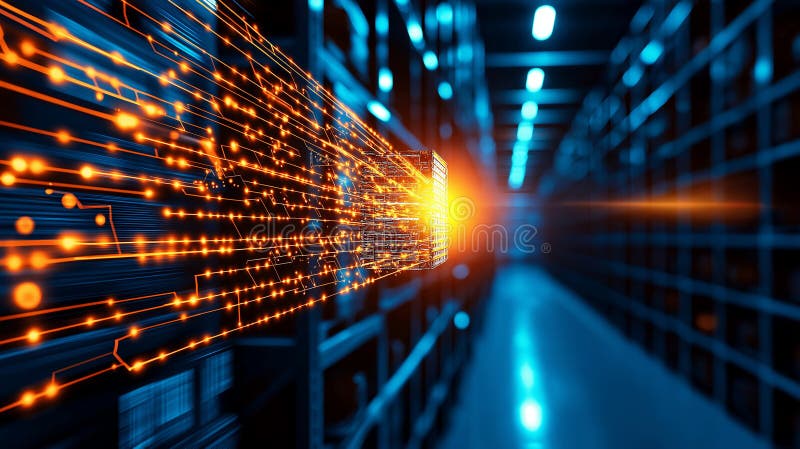 Sleek Motion Blur of Modern Warehouse with High Tech Data Transfer, Showcasing Vibrant Orange ...