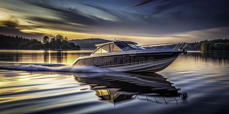 Sleek Motor Boat with Black Canopy Angled Long Exposure Capture of ...