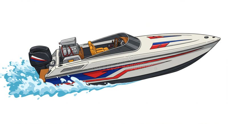 A Sleek Motorboat with Dynamic Red and Blue Graphics Along the Sides ...