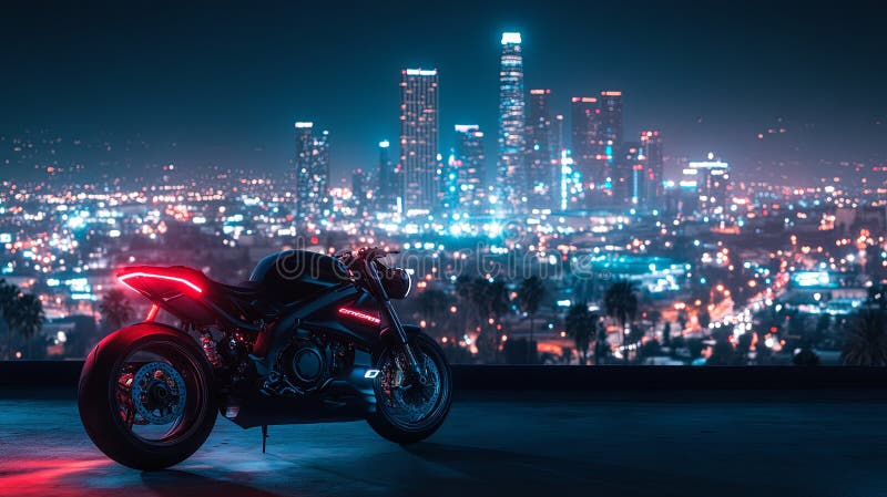 A Sleek Motorcycle Parked on a Modern Rooftop Overlooking a Bustling ...