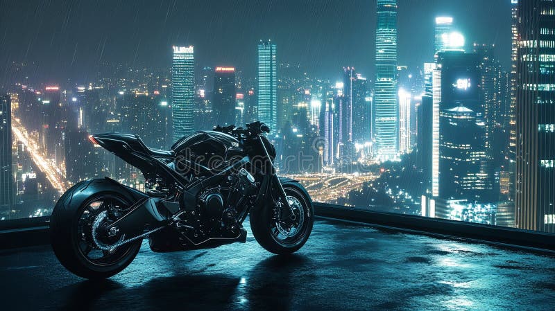 A Sleek Motorcycle Parked on a Modern Rooftop Overlooking a Bustling ...