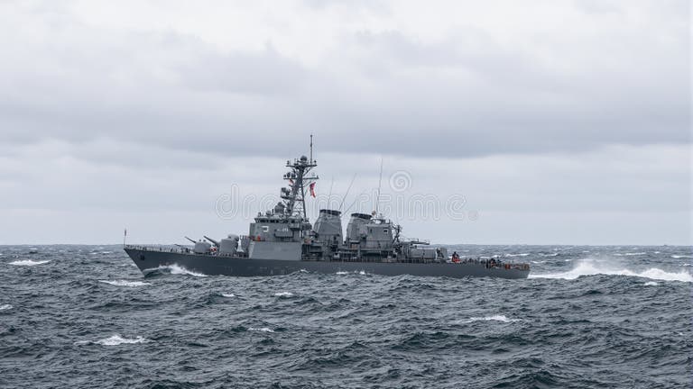 Sleek Navy Destroyer Navigating Choppy Waters Under Dramatic Sky Stock ...