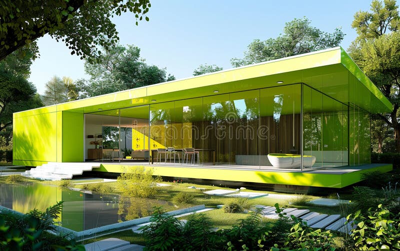 Sleek Neon Lime Modern House Design -Generative Ai Stock Image - Image ...