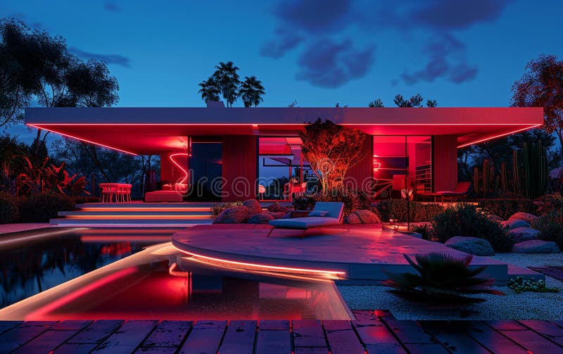 Sleek Neon Red One-Level Modern House -Generative Ai Stock Photo ...