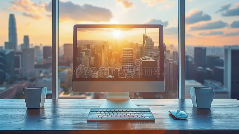 Modern Office Desk with Cityscape View at Sunset Stock Illustration ...