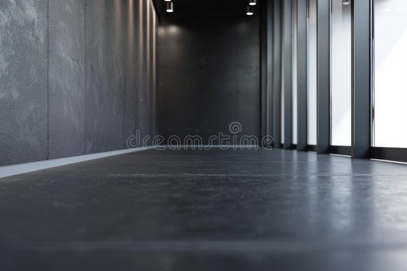 A Sleek Office Hallway Features a City View with a Modern Minimalist ...