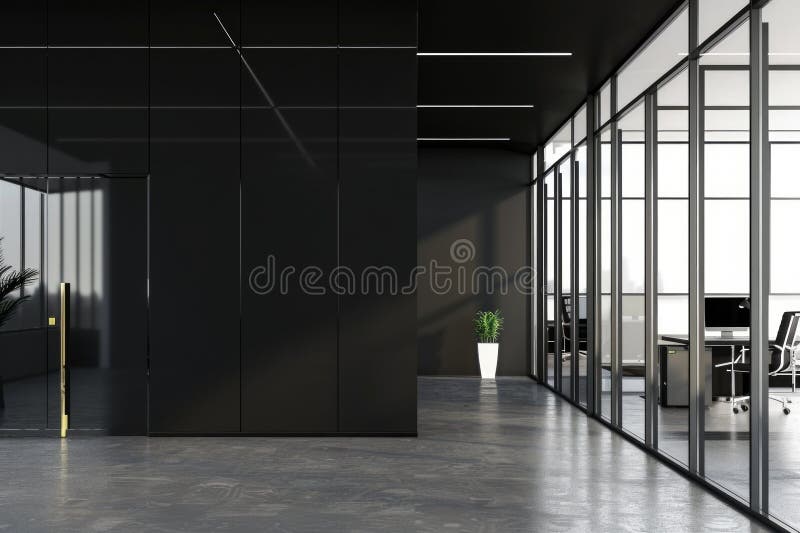 A Sleek Office Hallway Features a City View with a Modern Minimalist ...