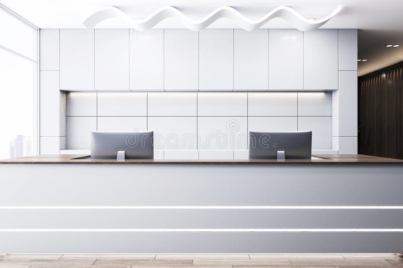 Sleek Office Reception Area with Wave Patterned Ceiling and Wooden ...