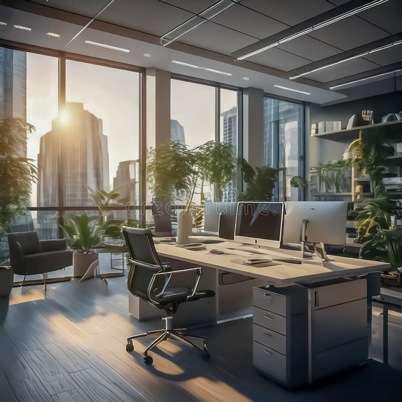 Modern Office with Computer Overlooking Skyscraper View Stock ...