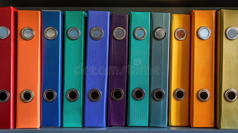 A Sleek Office Shelf Features Vibrant Binders and Neatly Arranged ...