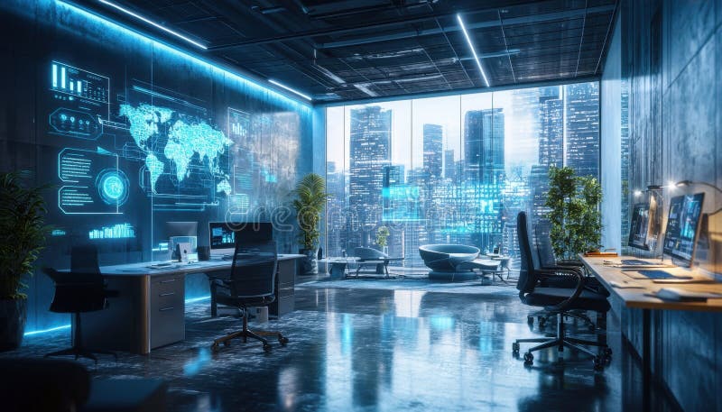 Modern Office with Futuristic Digital Displays and City Skyline View ...