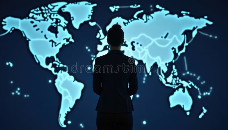 Professional Woman Analyzing Global Data Trends Against a Glowing World ...
