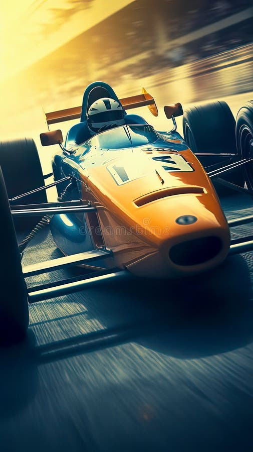 A Sleek Open-Wheel Yellow Racing Car Speeding Down a Track at Sunset ...