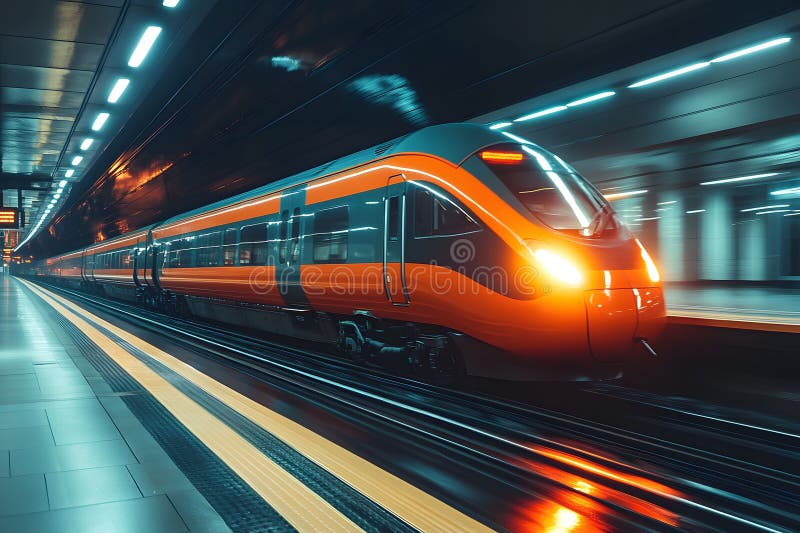 High-Speed Orange Train in Modern Underground Station for ...