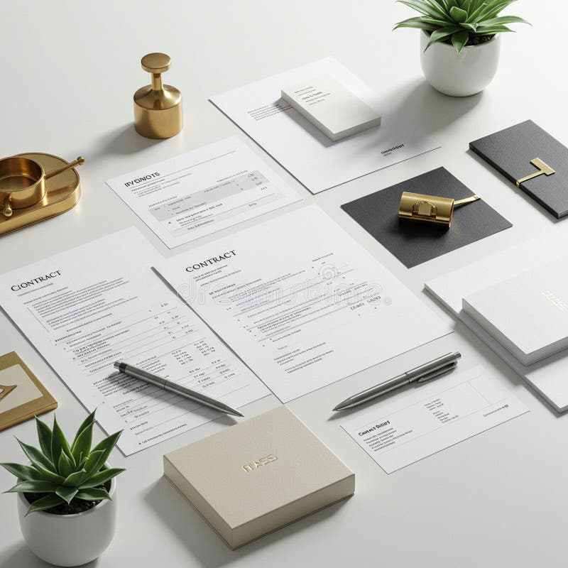 A Sleek, Organized Office Setup on a White Surface Includes Contract ...