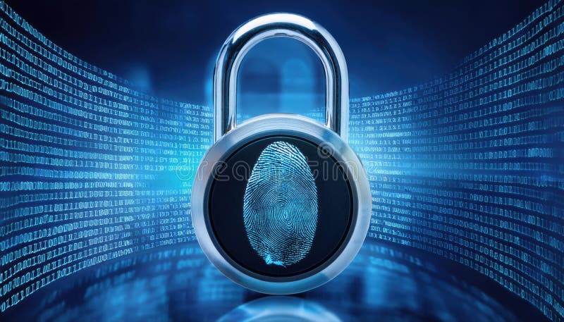 Sleek Padlock with Fingerprint Design Hovering Over Scrolling Code ...