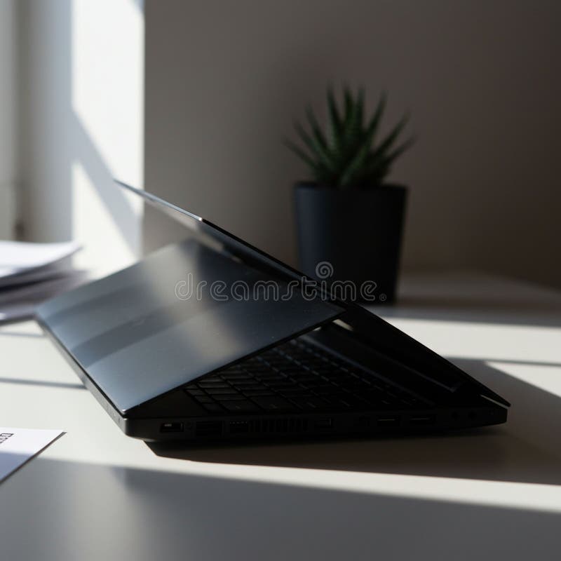 A Sleek, Partially Open Laptop Sits on a Light-colored Desk, Reflecting ...