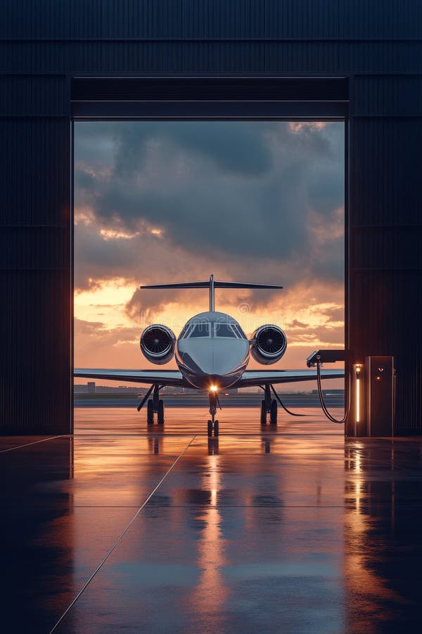 A Sleek Private Jet Parked at a Modern Terminal during Sunset with ...
