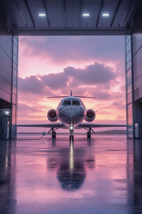 A Sleek Private Jet Parked at a Modern Terminal during Sunset with ...