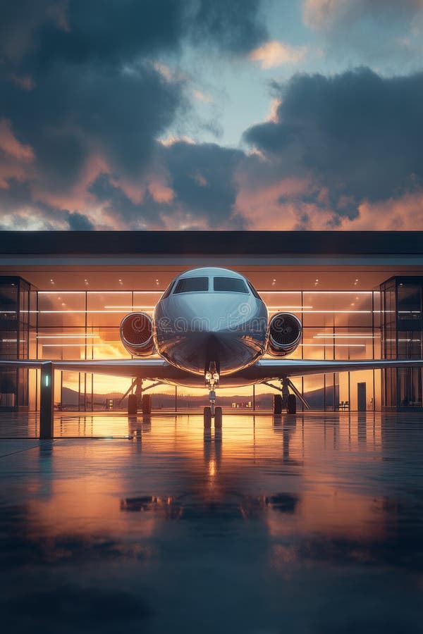A Sleek Private Jet Parked at a Modern Terminal during Sunset with ...