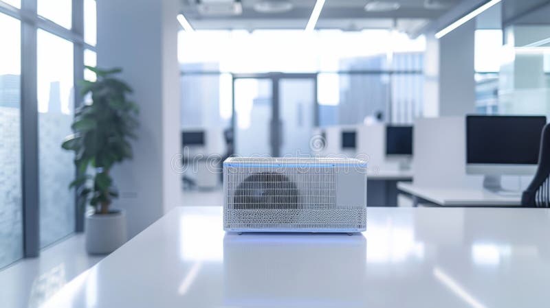A Sleek Projector is Positioned on a White Table in a Modern Office ...