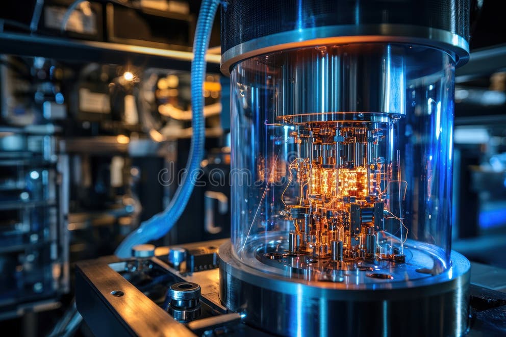 Sleek Quantum Computer Encased in Glass, Glowing Circuits in High Tech ...
