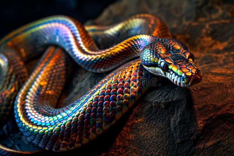 A Sleek Rainbow Snake Slithers Across a Smooth, Dark Stone Surface ...