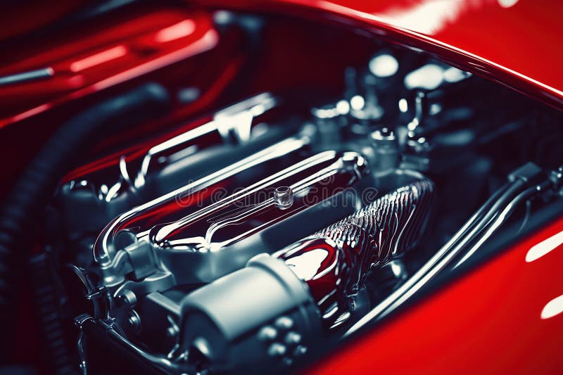 Sleek Red Engine Close Up with Chrome Details in a Vibrant Modern Car ...