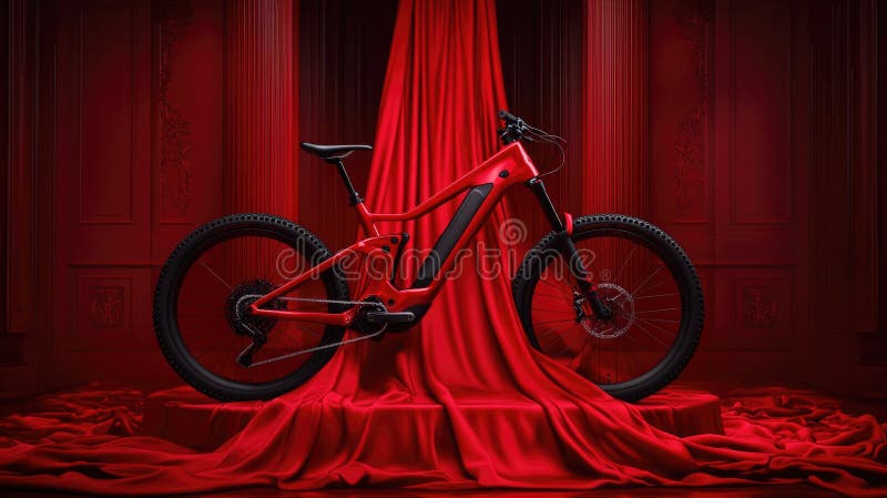 Sleek Red Mountain Bike Displayed on Elegant Draped Fabric in Luxurious ...