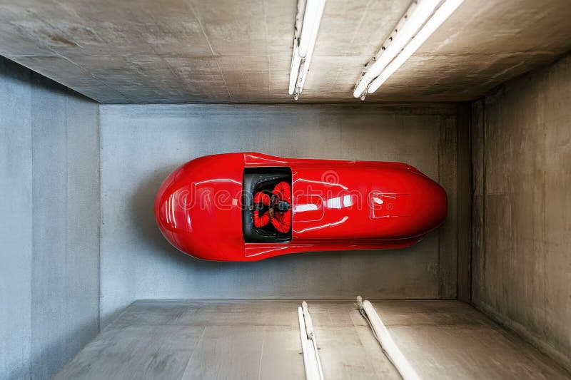 Red Race Car Inside an Underground Garage with Bright Lighting and ...