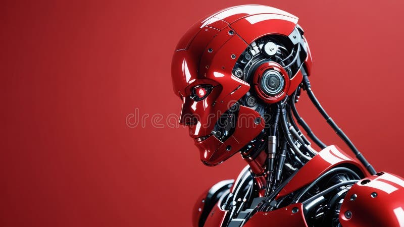 A Sleek Red Robot with Intricate Mechanical Details, Set Against a Bold ...