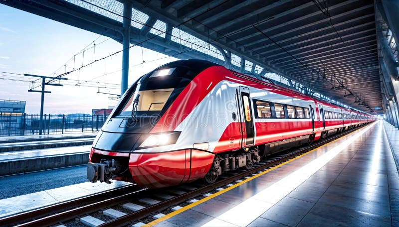 A Sleek Red and White High-speed Train Sits in a Modern Station Stock ...