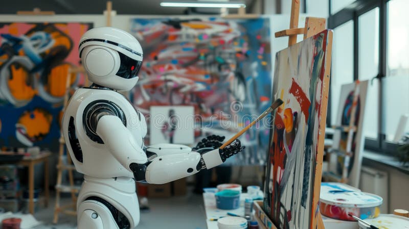 Sleek Robot Assisting in the Creative Process in a Contemporary Artist ...