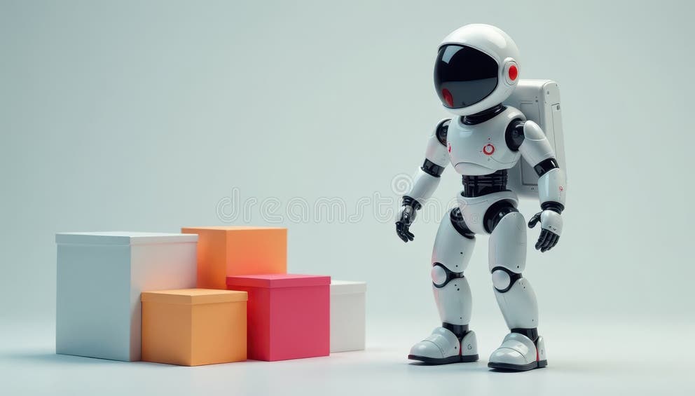 Sleek Robot Astronaut by Stacked Boxes, Minimalist Setting, Artificial ...
