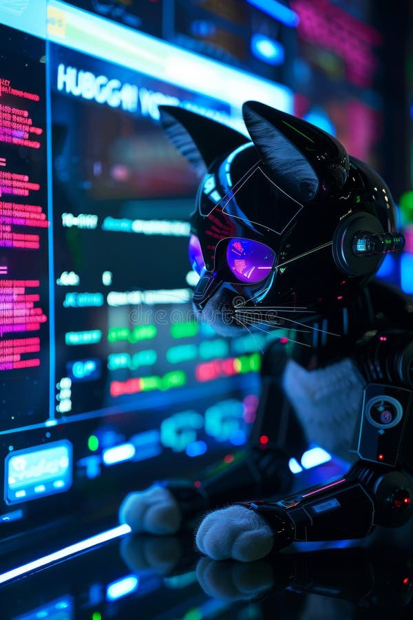Futuristic Robot Cat Coding Stock Illustration - Illustration of ...
